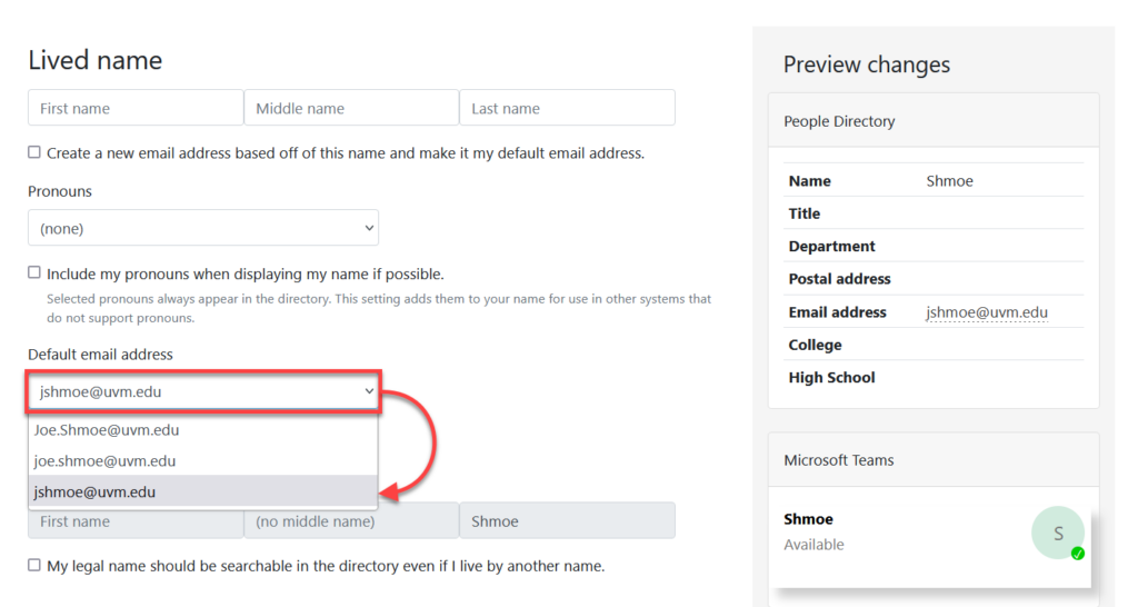 Changing your Default Email Address – UVM Knowledge Base