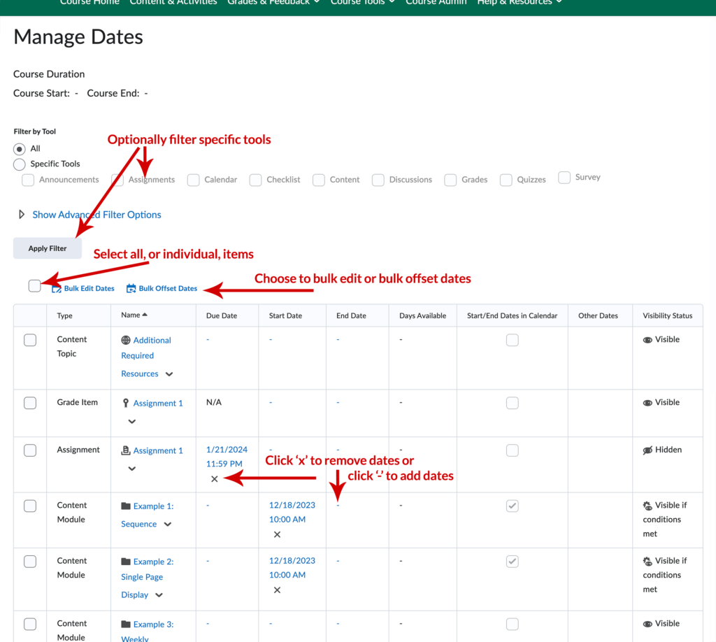 Brightspace – Bulk Manage Dates – UVM Knowledge Base
