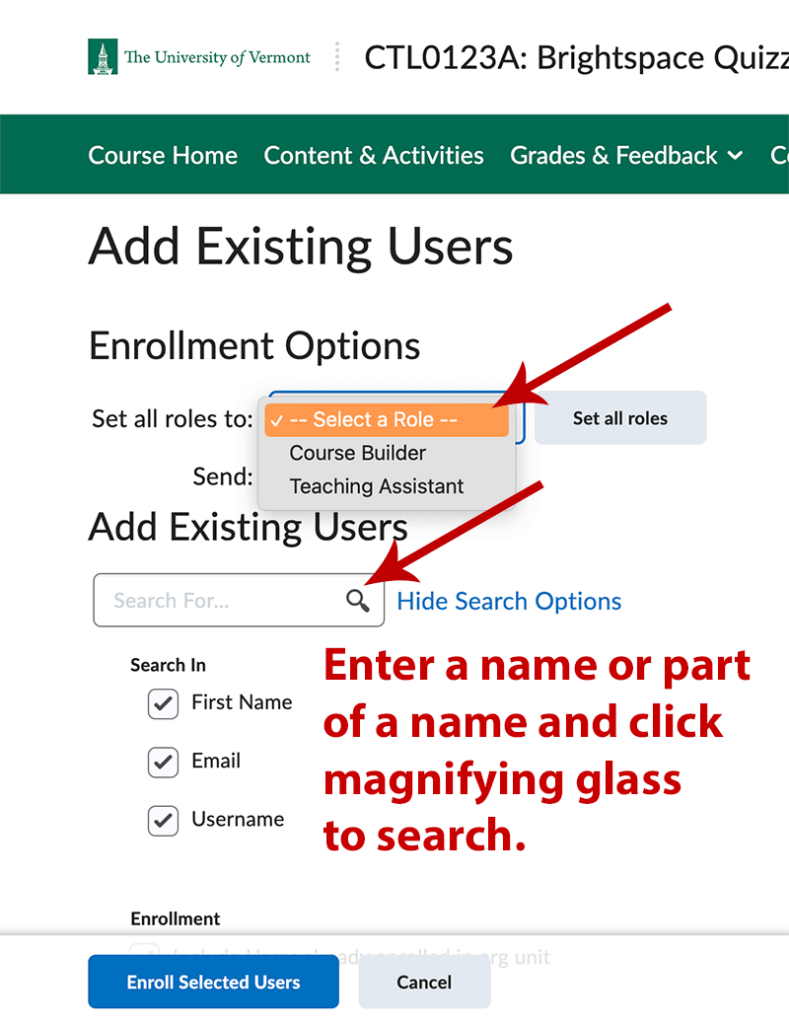 Brightspace – Add TAs and Course Builders – UVM Knowledge Base