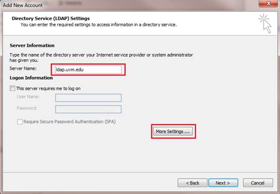 21. In the Server Name, enter ldap.uvm.edu and then click ‘More Settings…’